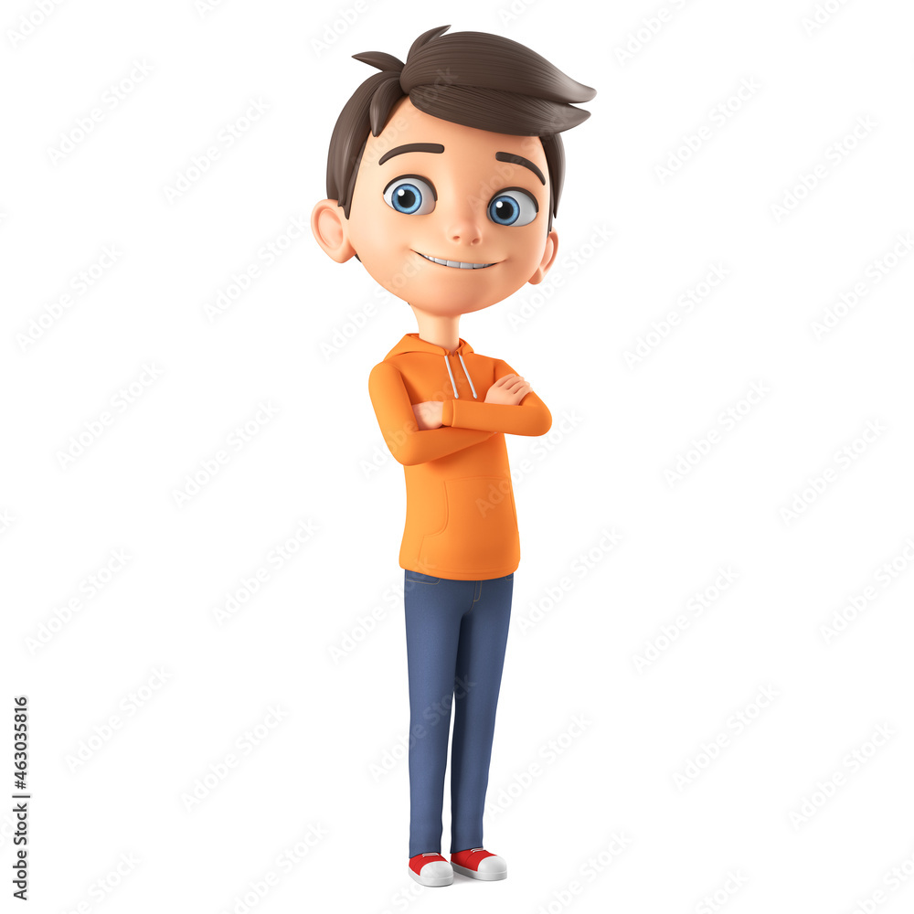 Cartoon character boy in orange sweatshirt folded his arms over his ...