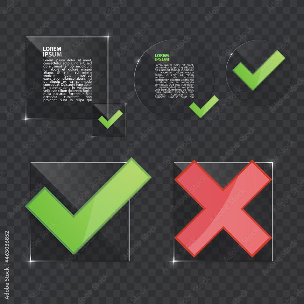 Tick and cross signs. Green checkmark and red X icons, isolated on ...