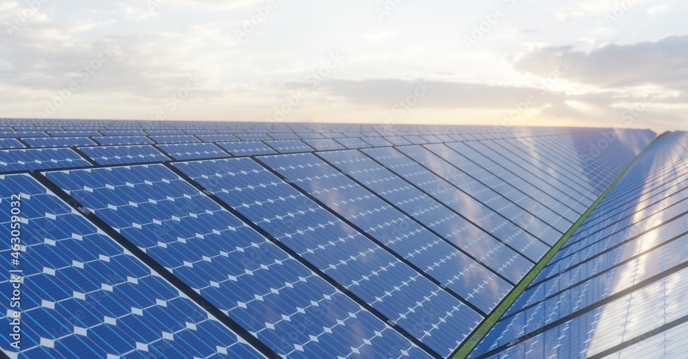 Solar Panels farm or solar call farm on green hills field and blue sky ...