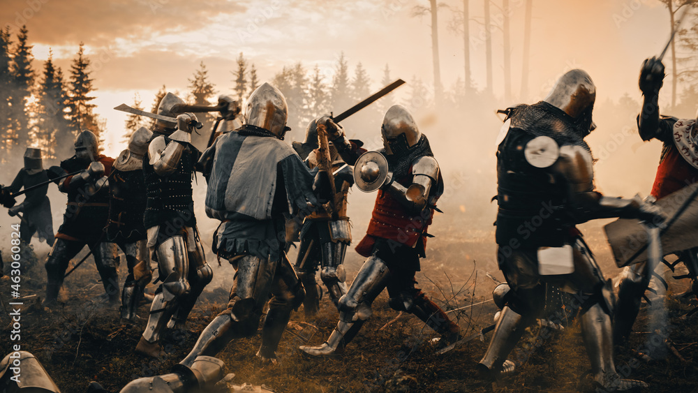 Epic Battlefield: Armies of Medieval Knights Fighting with Swords. Dark ...