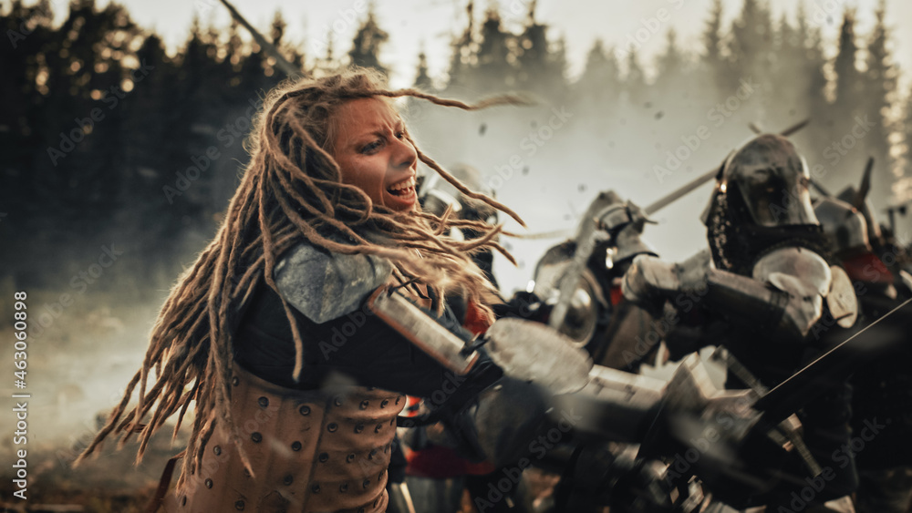 Epic Battlefield: Powerful Female Warrior Attacking, Fighting with ...