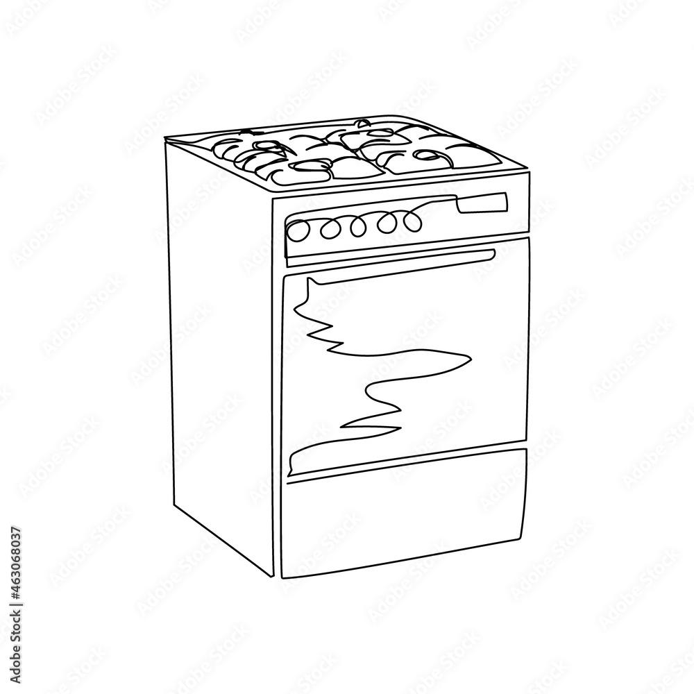 Gas range cooker with oven, stove continuous line drawing. One line art ...