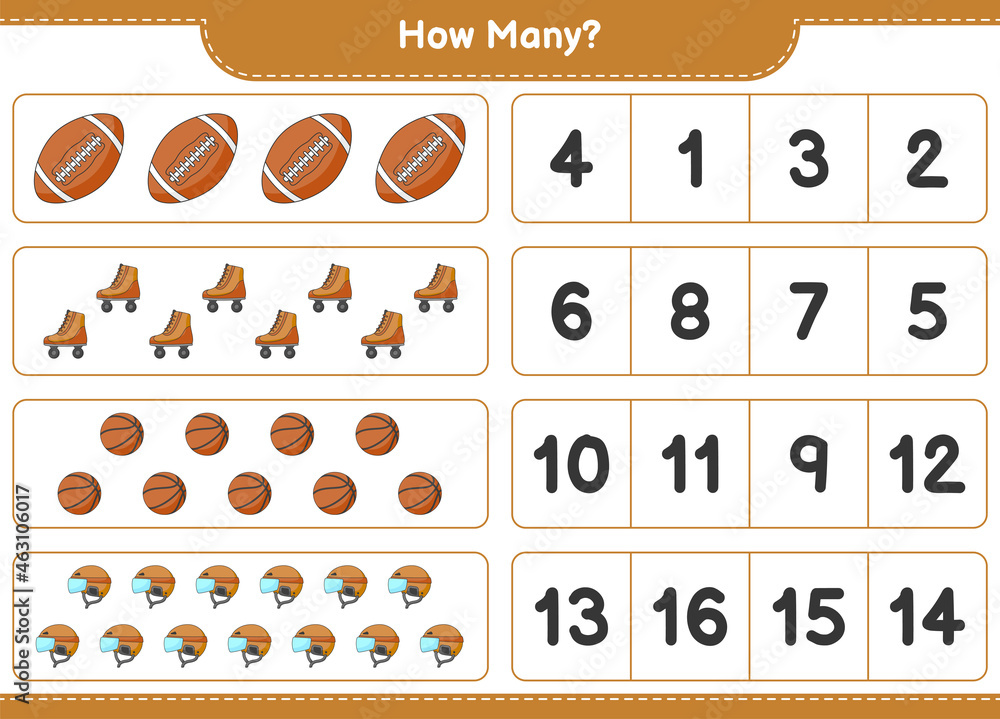 Counting game, how many Hockey Helmet, Roller Skate, Basketball, and ...