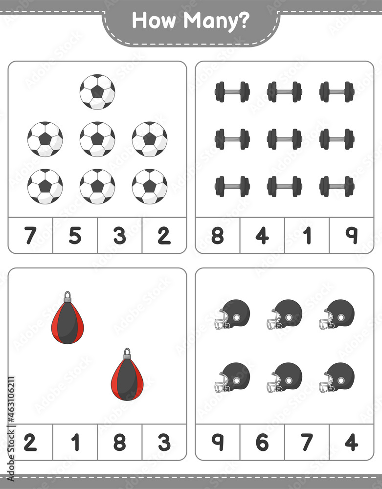 Counting game, how many Soccer Ball, Football Helmet, Dumbbell, and ...