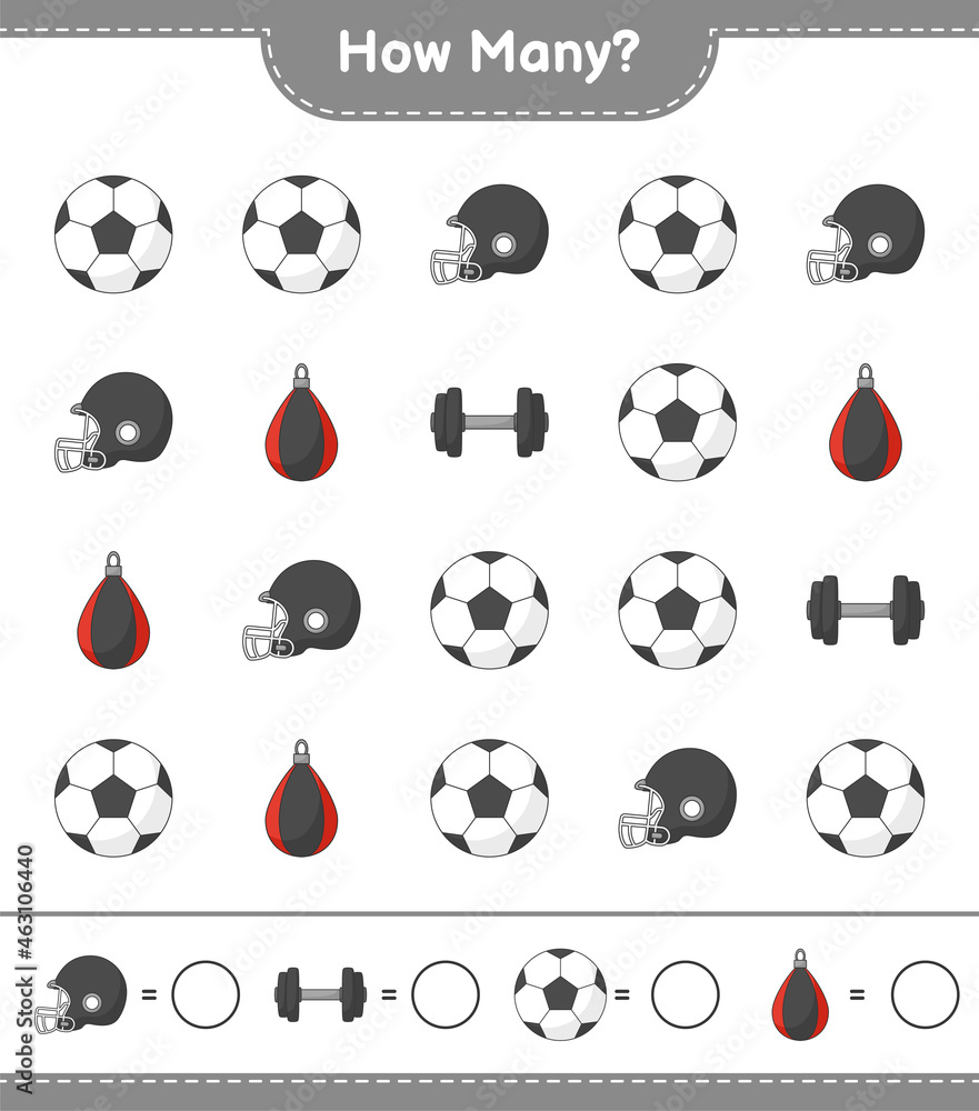 Counting game, how many Soccer Ball, Football Helmet, Dumbbell, and ...