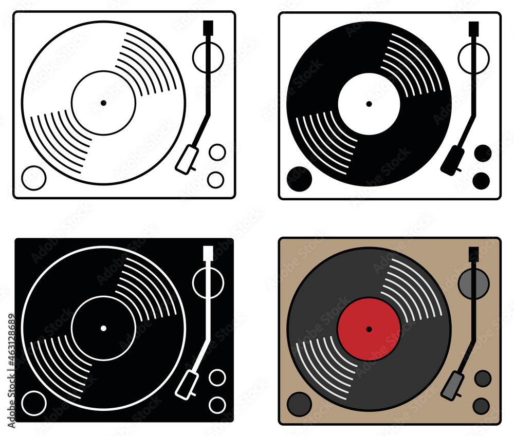 2D Record Player Clipart Set - Outline, Silhouette and Colored Stock ...