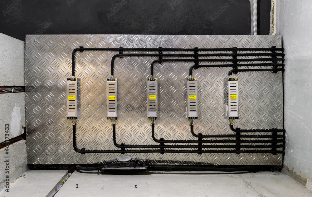 Electrical boxes and cables on house metal ceiling, modern wiring Stock ...