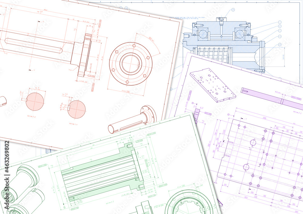 Illustration of Pile of Mechanical Engineering Drawings with ...