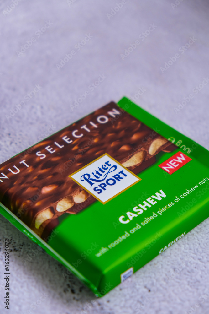 Kiev Ukraine - October 2021 CASHEW taste. Nut selection Chocolate ...