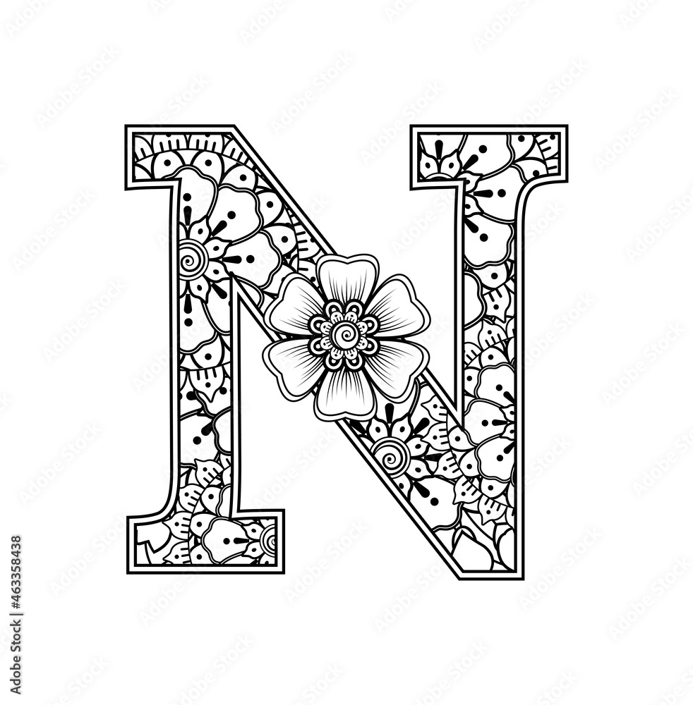 Letter n made of flowers in mehndi style. coloring book page. outline ...