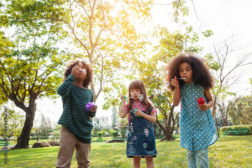 Group of children playing blowing bubbles fun Stock Photo | Adobe Stock