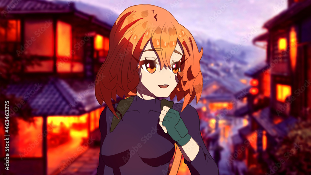Stock-Illustration „Cute anime girl with fiery orange hair in military ...