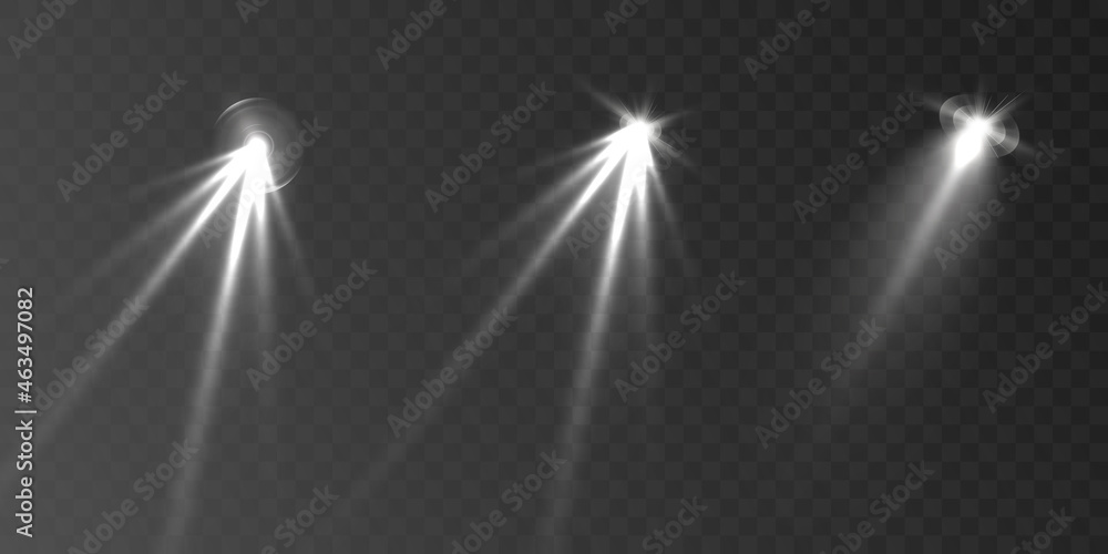 Spotlights set isolated on transparent background. Vector glowing light effect with golden rays ...