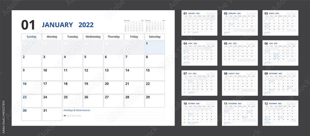 2022 calendar planner set for template corporate design week start on ...