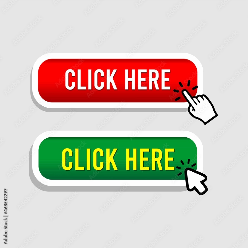 Click Here Button with Click cursor. Set for button website design. Click button. Modern action ...