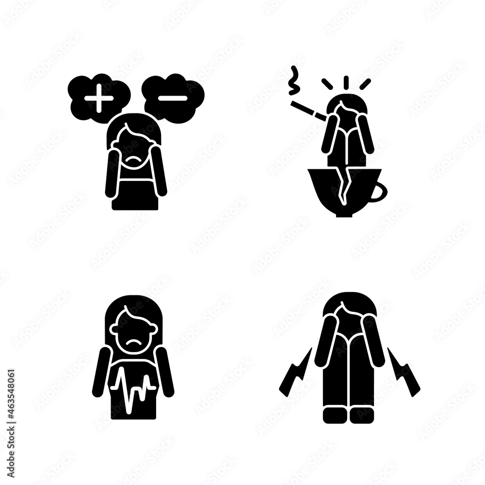 Physical symptoms of anxiety black glyph icons set on white space ...