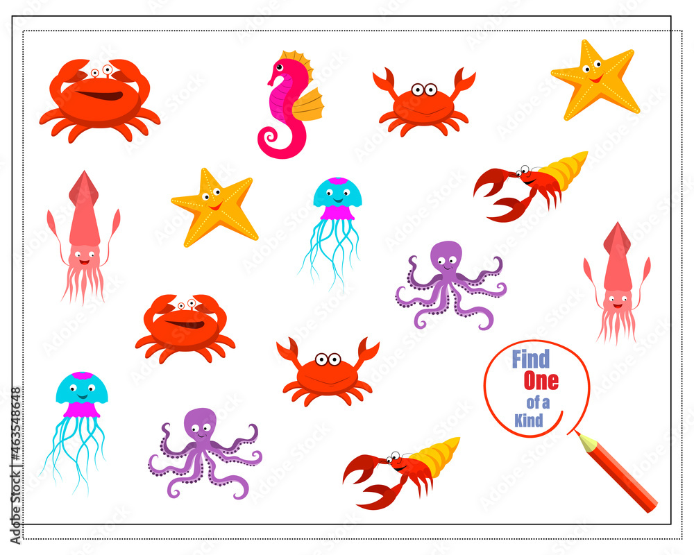 Cartoon illustration of the educational game Find a one-of-a-kind ...