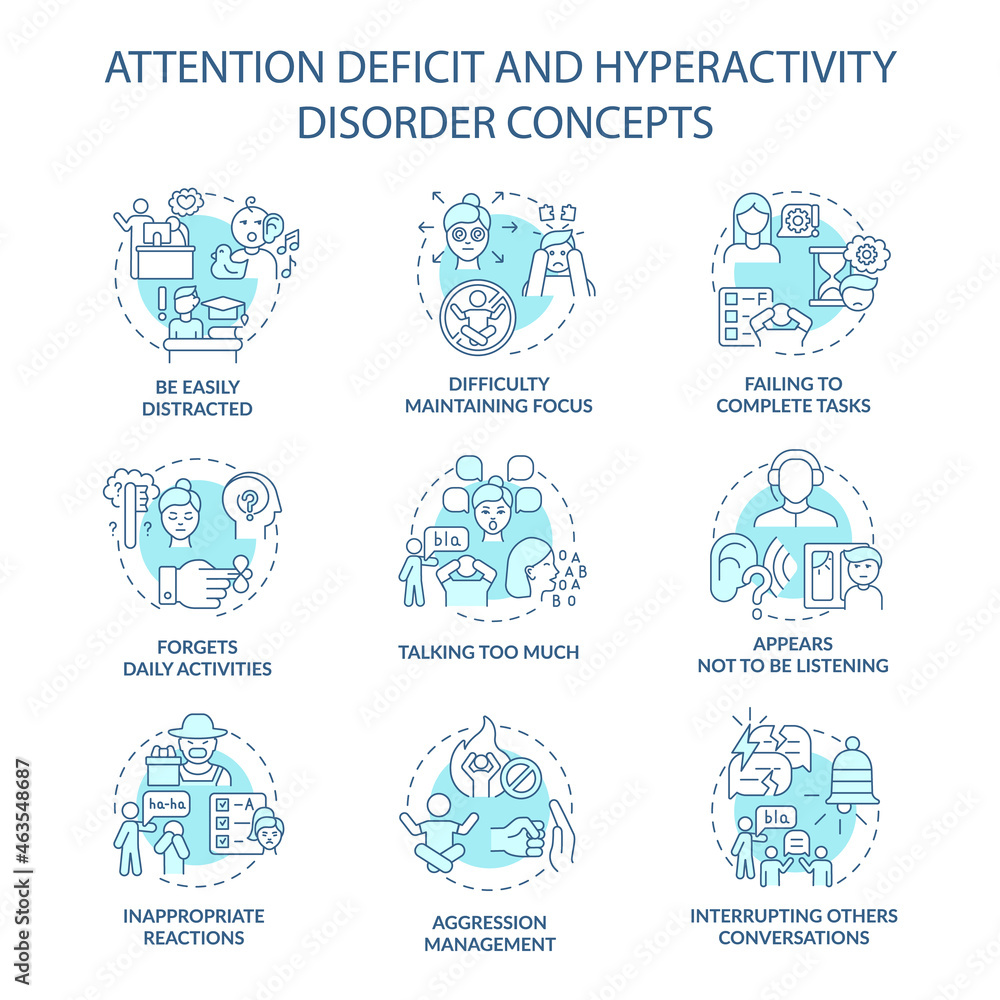 Attention deficit and hyperactivity disorder concept icons set. Be ...
