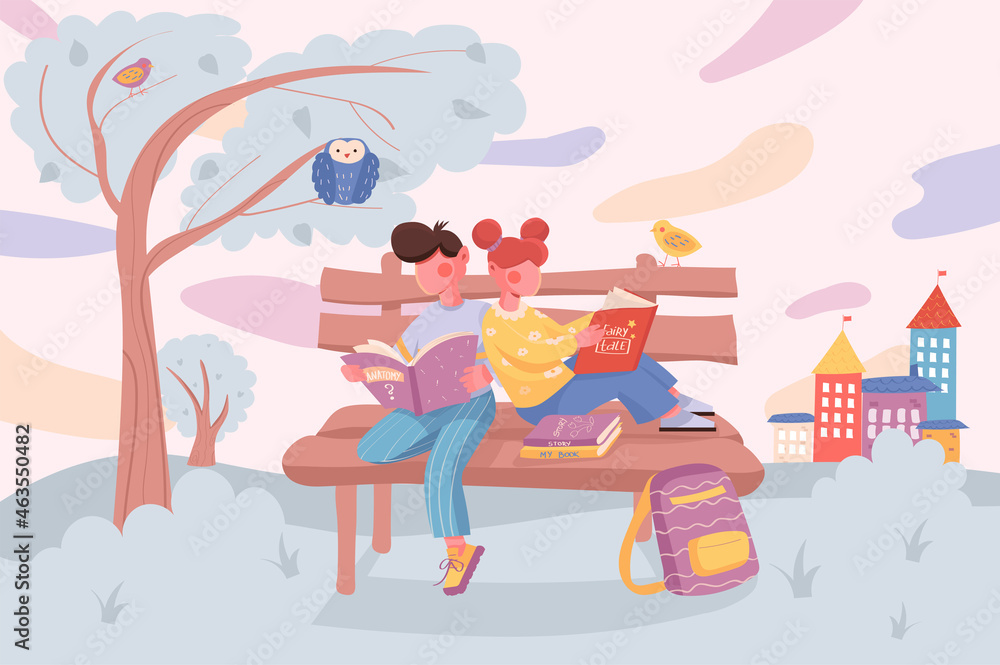 Education banner. Kids read books and do homework while sitting on ...