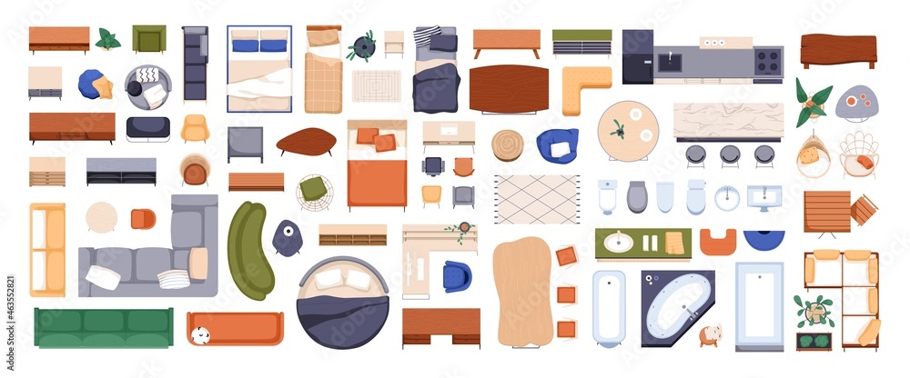 Top view of furniture icons for interior design plan, apartment project ...