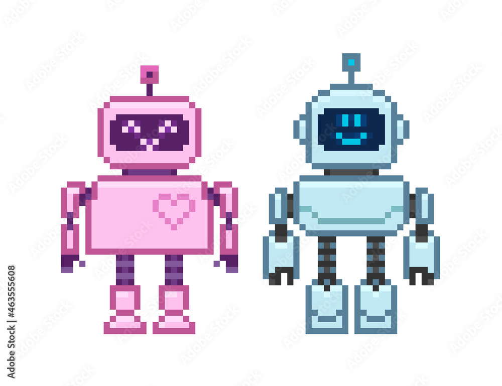 Pixel art cartoon robots boy and girl in retro 8 bit style isolated ...