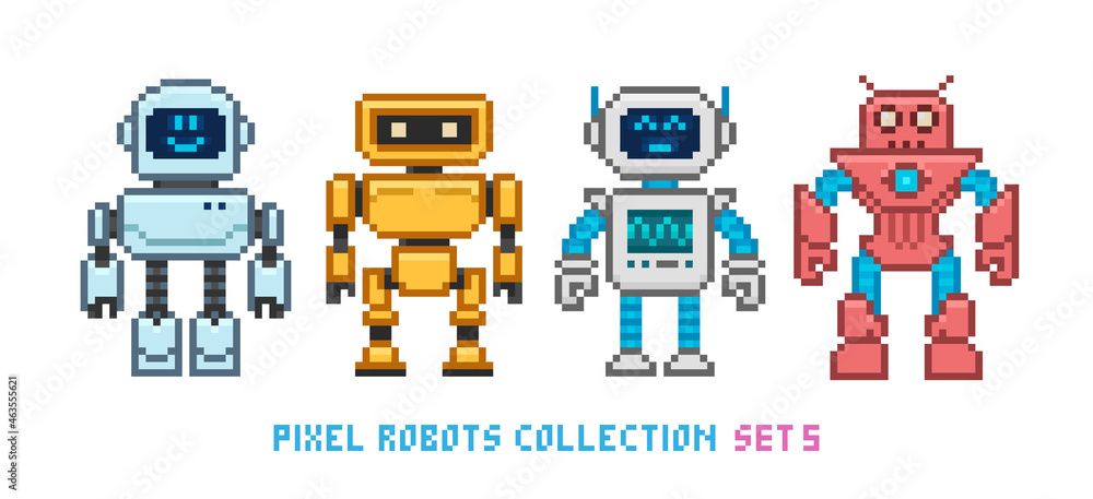 Pixel art cartoon robots and aliens in 8 bit style vector collection ...