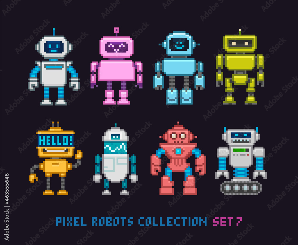 Vector de Stock Pixel art cartoon robots and aliens in 8 bit style ...