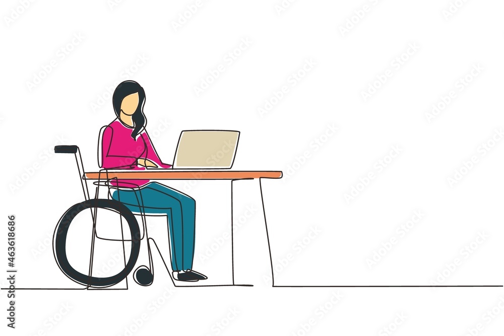 Single continuous line drawing young woman uses wheelchair, working ...