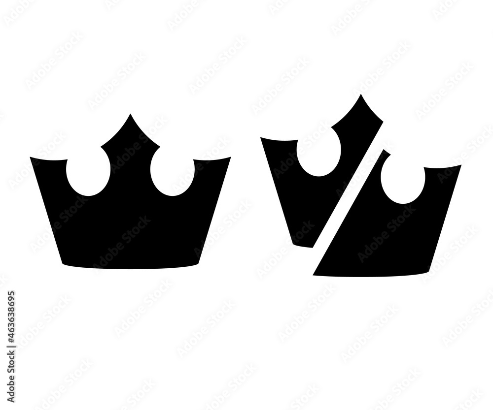 Whole and broken crown silhouette icon. Clipart image isolated on white ...