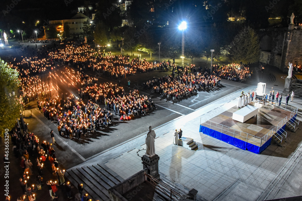 Lourdes, France - 9 Oct 2021: Pilgrims attend the Marian Torchlight ...