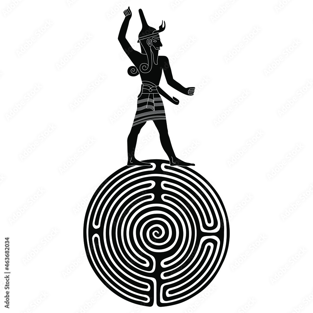God Baal standing on top of a round spiral maze or labyrinth symbol ...