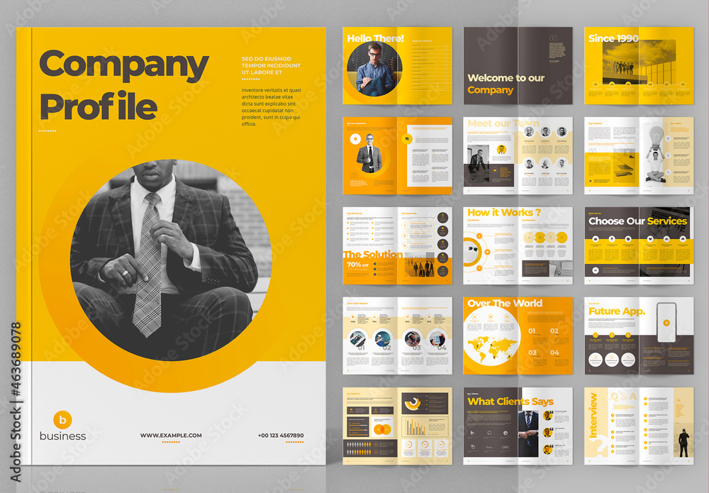 Company Profile Layout with Yellow Accents Stock Template | Adobe Stock