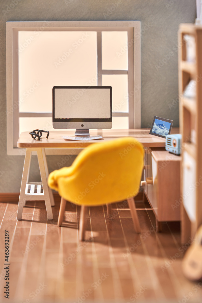 Papercraft room with computer on table and chair Stock Photo | Adobe Stock