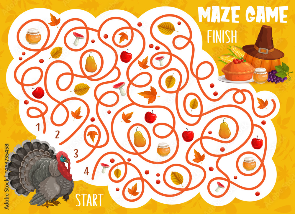 Thanksgiving labyrinth maze game, turkey bird, autumn pie, leaves and ...