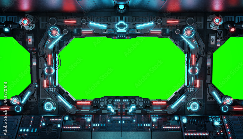 Dark spaceship interior with isolated window. Futuristic spacecraft ...