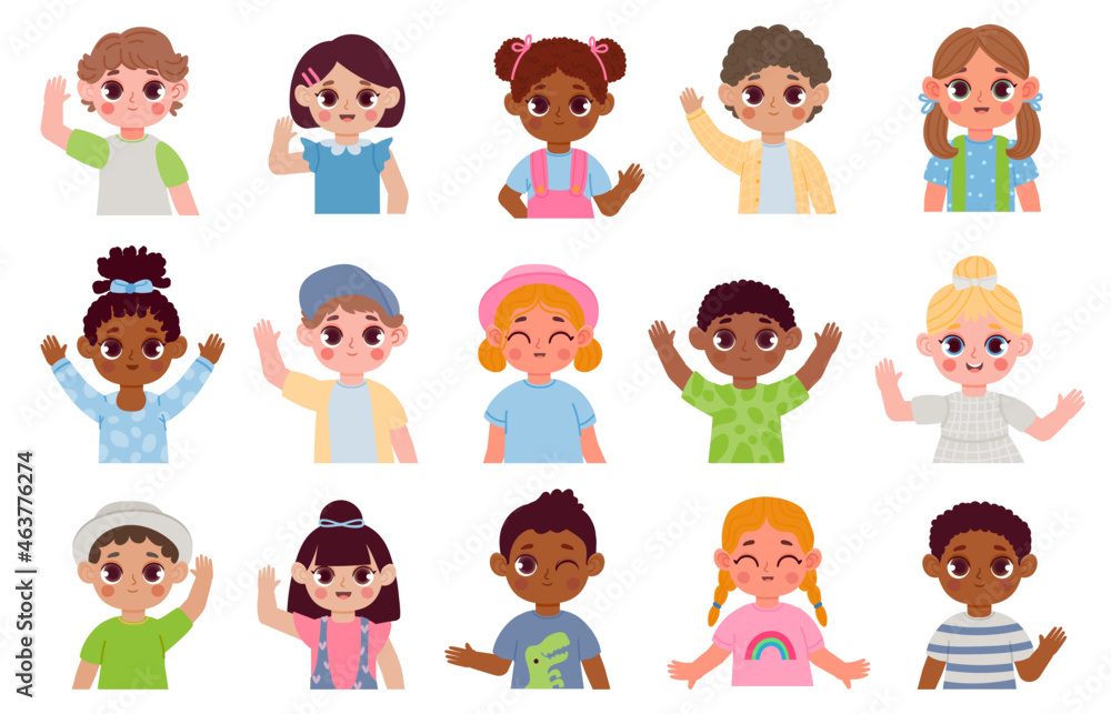 Cartoon children multiethnic characters hello by waving hands. Kids ...