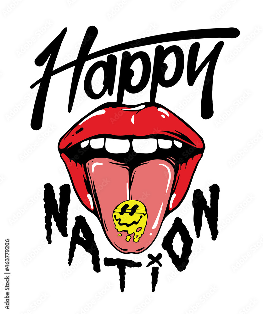 happiness pill on tongue with red lips illustration and happy nation ...