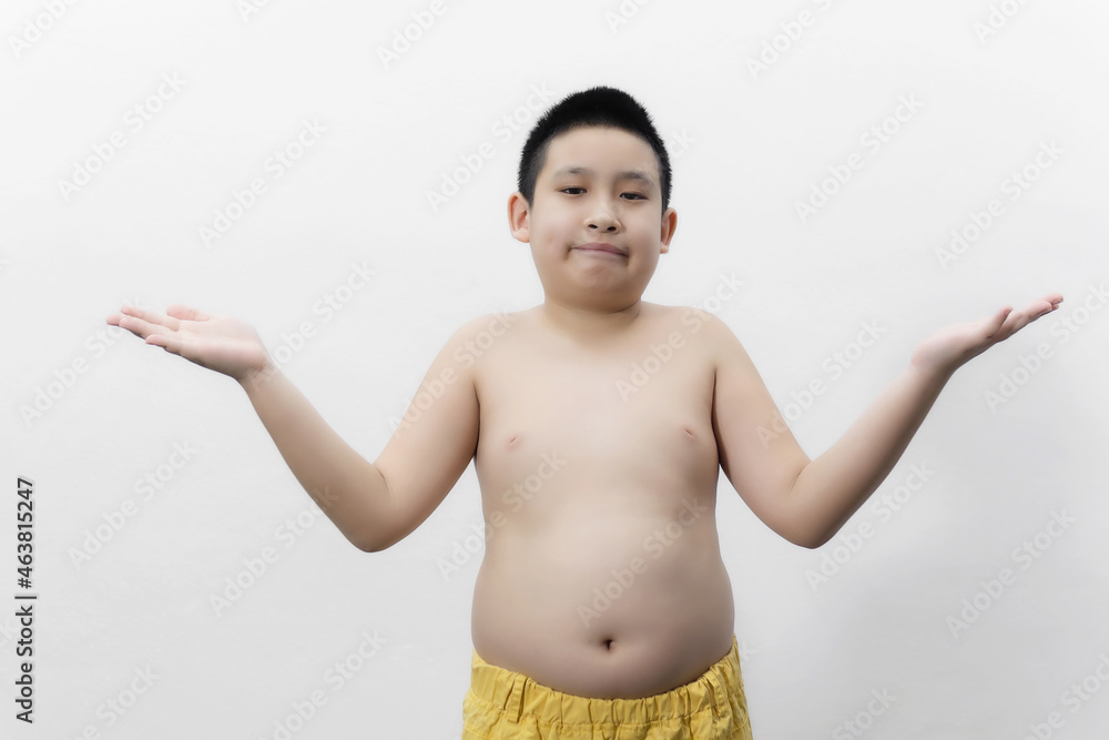 Obese fat Asian boy overweight on white background, Health care concept ...
