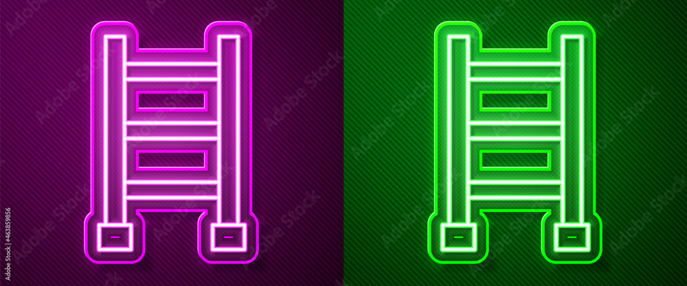 Glowing neon line Fire escape icon isolated on purple and green ...