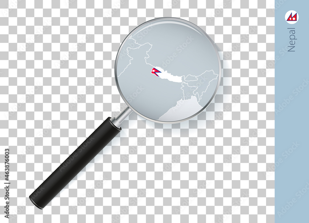 Nepal map with flag in magnifying glass on transparent background. の ...