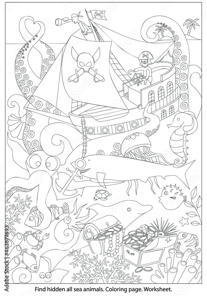 Find and coloring all ocean animals. Pirates on board fight with ...