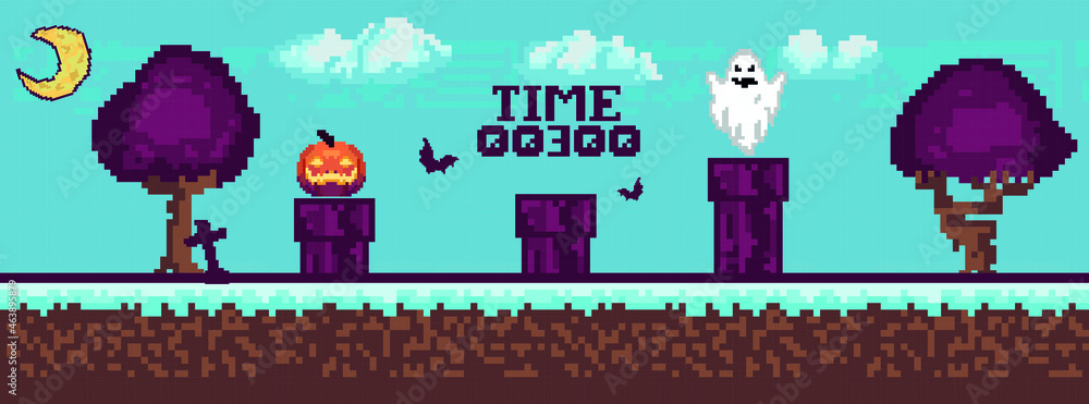 Retro video games, halloween arcade games ghosts, monsters, card ...