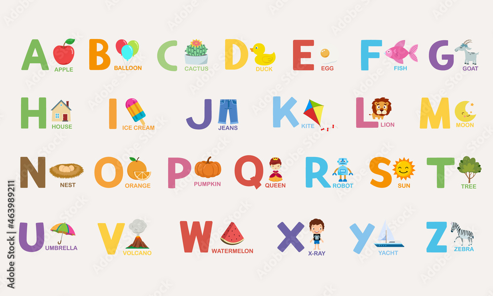 Vectors and Illustrations English words and letters abc to z for kids ...
