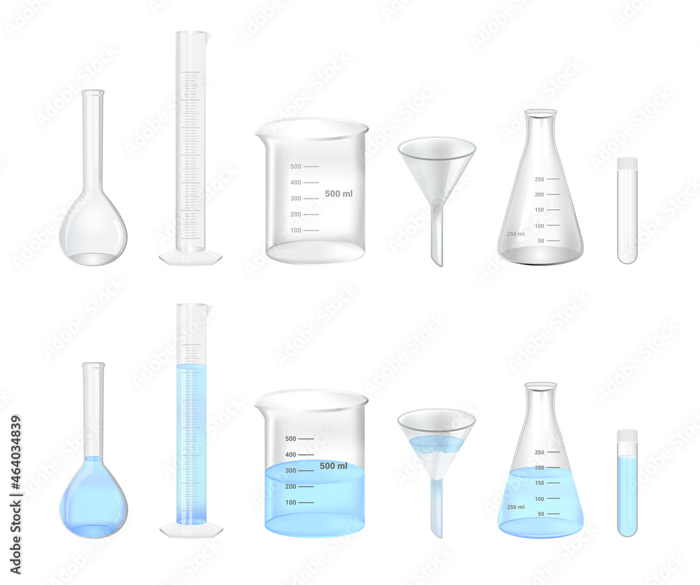 Vector set of realistic glass laboratory empty and water-filled chemical glassware isolated on a ...