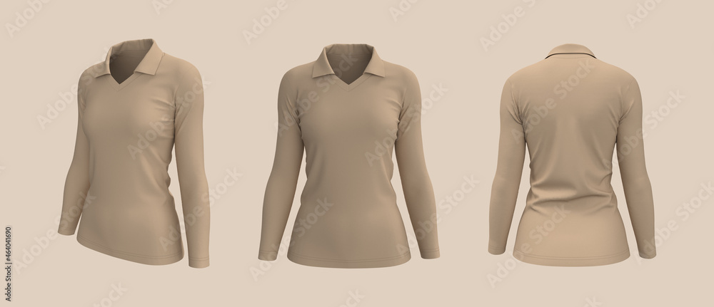 Women's collared t-shirt mockup, front, side and back views, design ...
