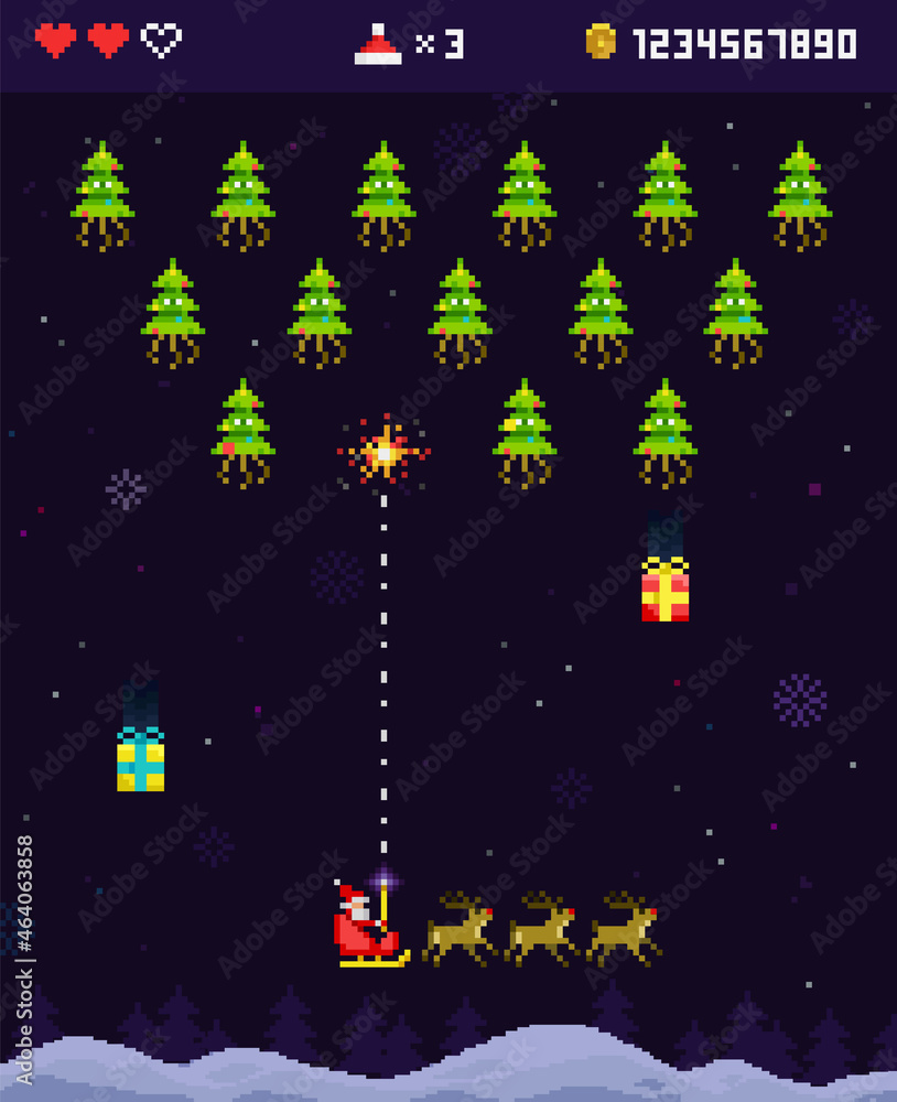 Christmas pixel art retro game with Santa Claus vs christmas trees ...