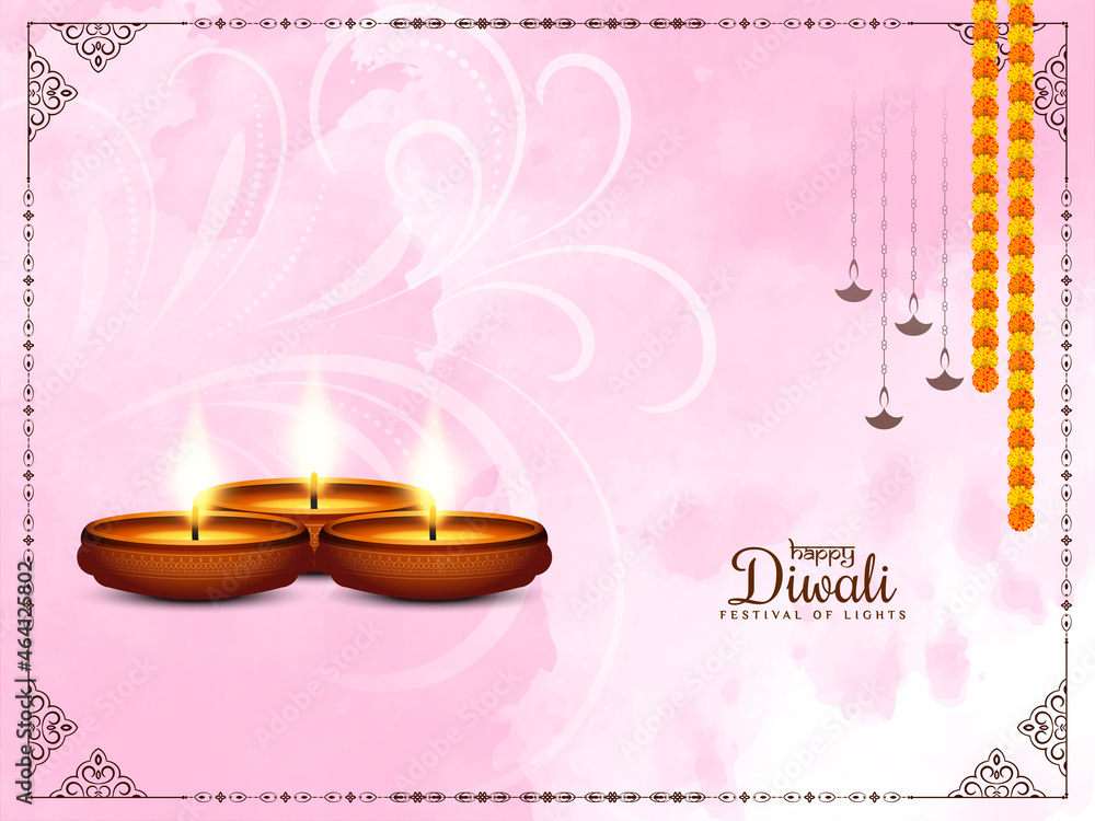 Happy Diwali Indian festival pink watercolor background with lamps ...
