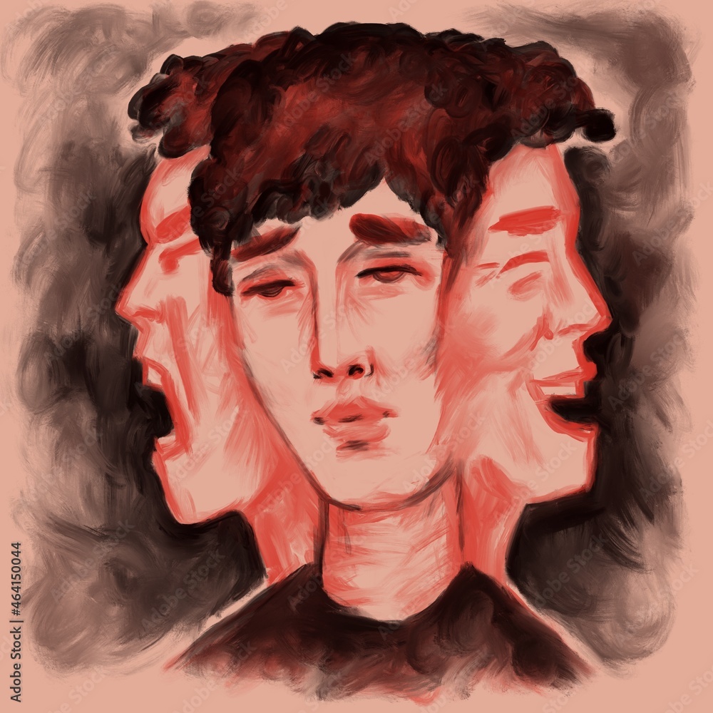 mental illness. bipolar disorder. Man with different emotions ...