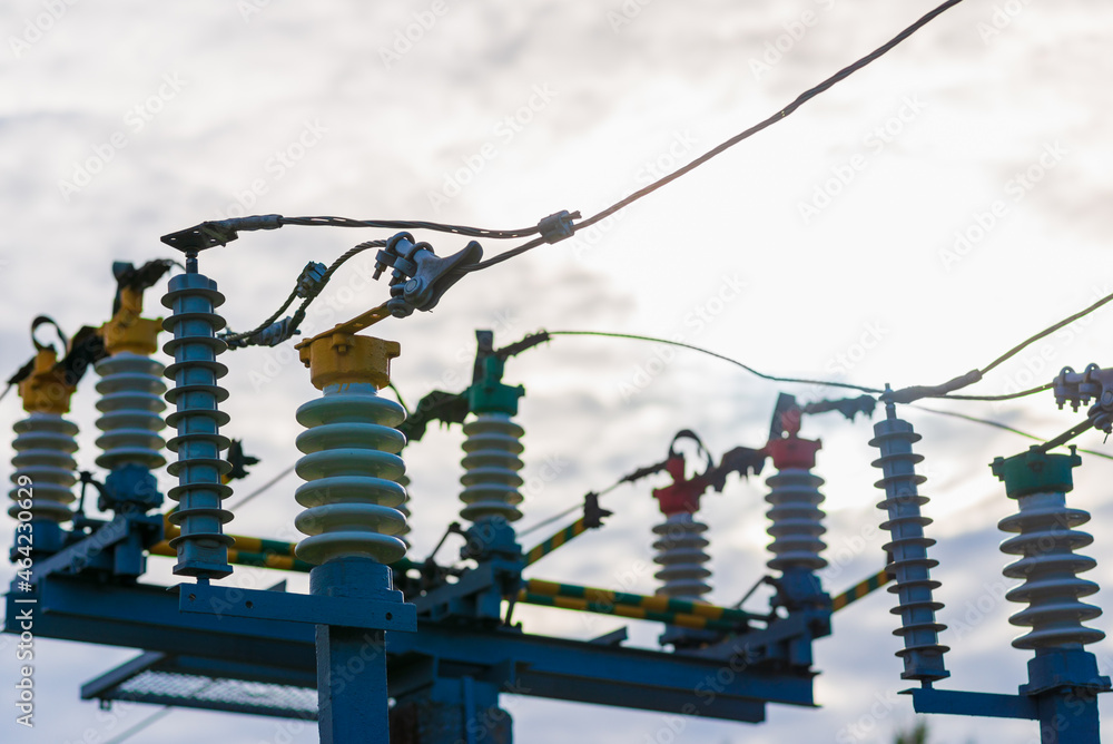 High voltage circuit electric breaker in a power substation.Closeup of ...