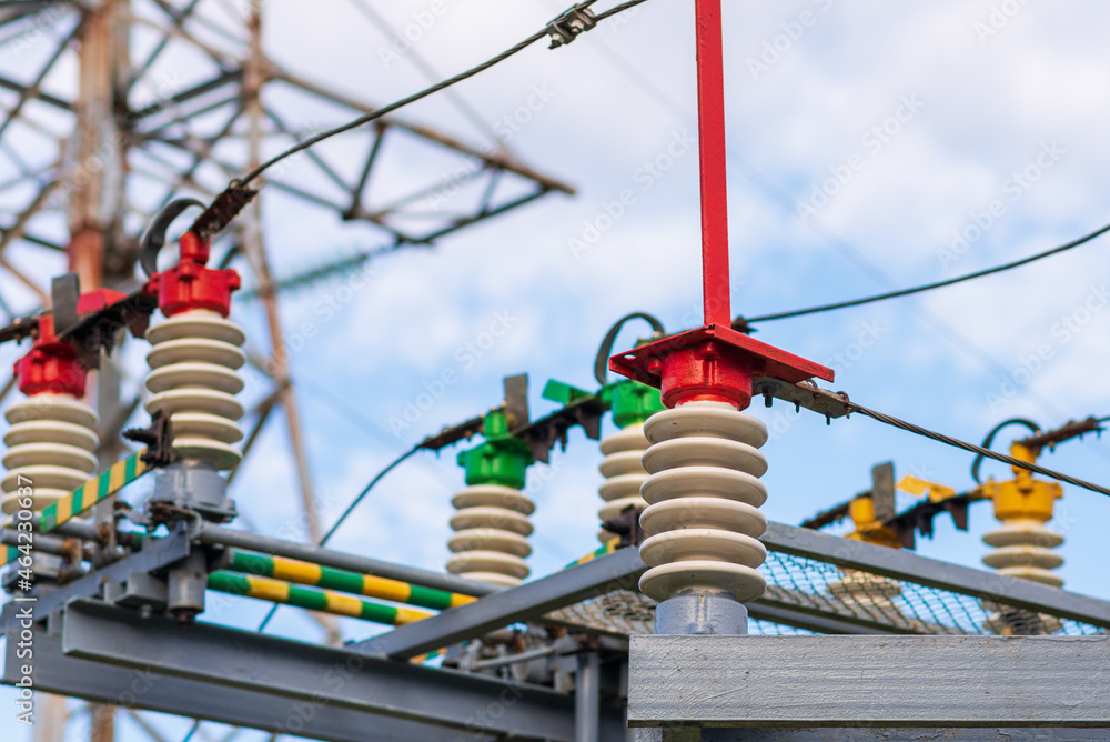 High voltage circuit electric breaker in a power substation.Closeup of ...